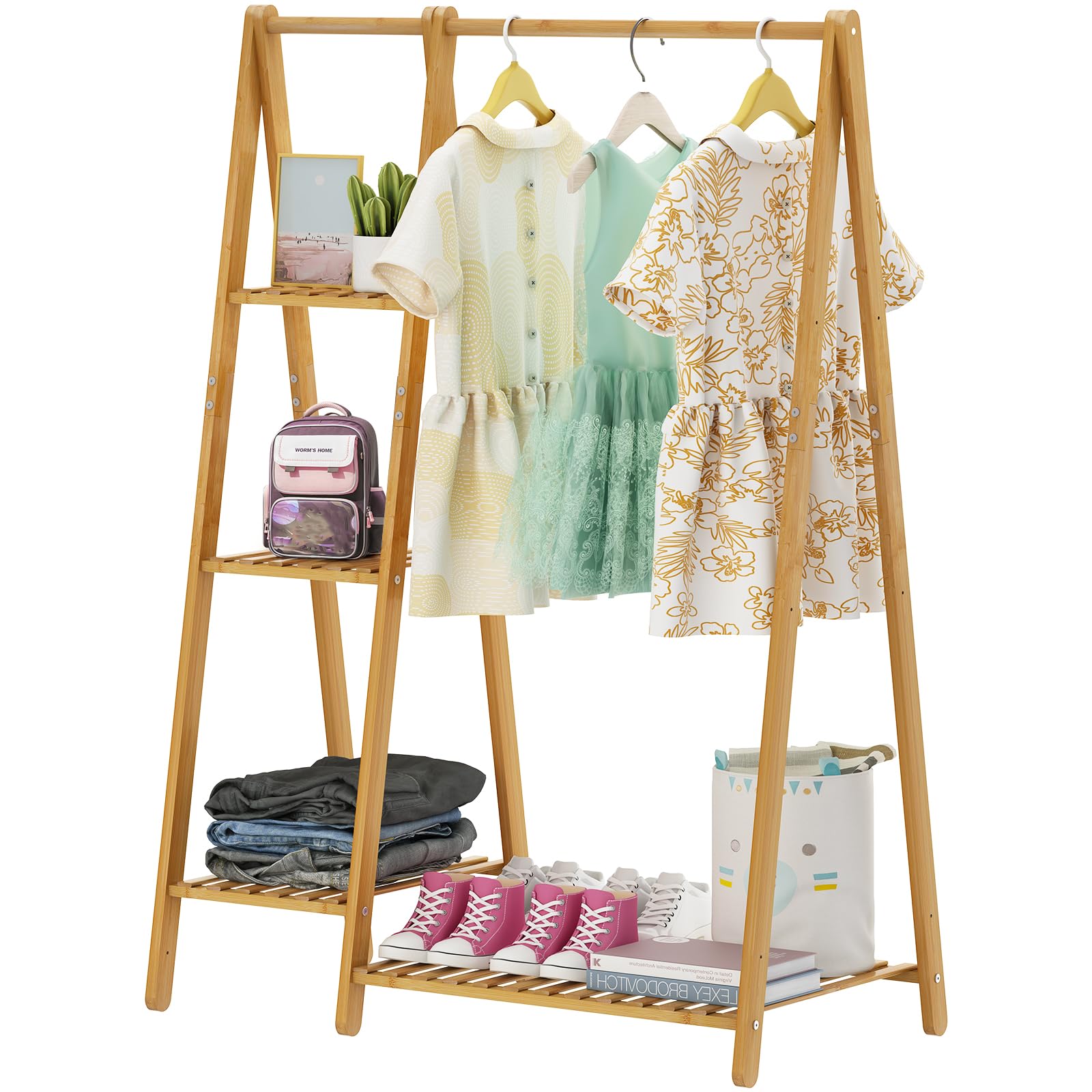 OcBuct Bamboo Small Clothes Rack,Kids Clothing Rack,Bamboo Wood Garment Rack with Shelves, Narrow,Short Mini Cloth Racks for Hanging Clothes,Simple,Free Standing