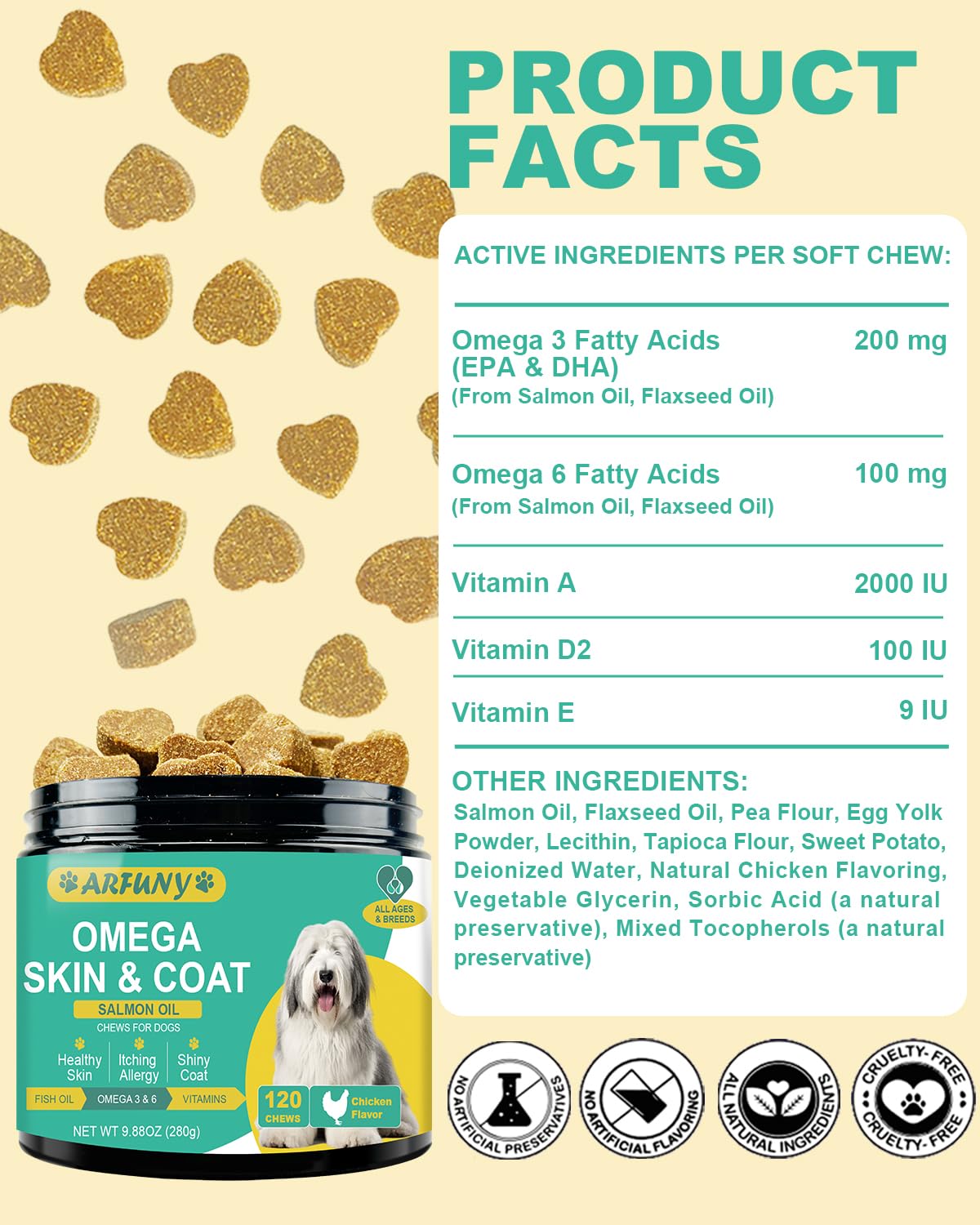 Skin and Coat Chews for Dogs - Omega 3 Supplement for Dogs with EPA & DHA Fatty Acids- Fish Oil Chews for Dogs with Salmon Oil & Vitamins - Dog Itchy, Dry & Shedding Skin Relief- Chicken, 120 Chews