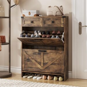 shoe storage cabinet with 2 flip drawers & 2 drawers,shoe cabinet storage with legs for entryway,freestanding shoes organizer cabinet,farmhouse slim shoe cabinet rustic brown