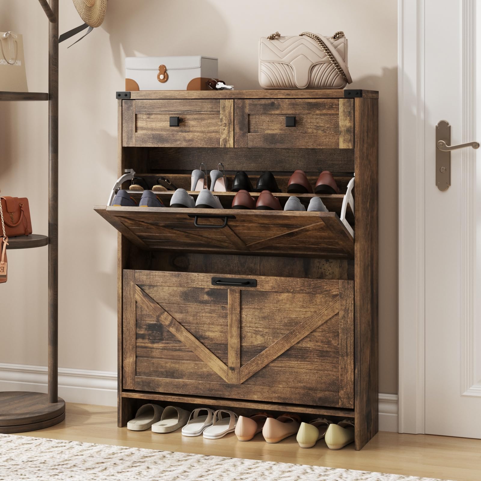 Shoe Storage Cabinet with 2 Flip Drawers & 2 Drawers,Shoe Cabinet Storage with Legs for Entryway,Freestanding Shoes Organizer Cabinet,Farmhouse Slim Shoe Cabinet Rustic Brown