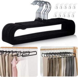 velvet hangers non slip - 20 pack pants hangers for closet - thin space saving clothes hanger - strong, durable, jean hangers with 360 degree rotatable hook, tank top hangers (black silver hook)