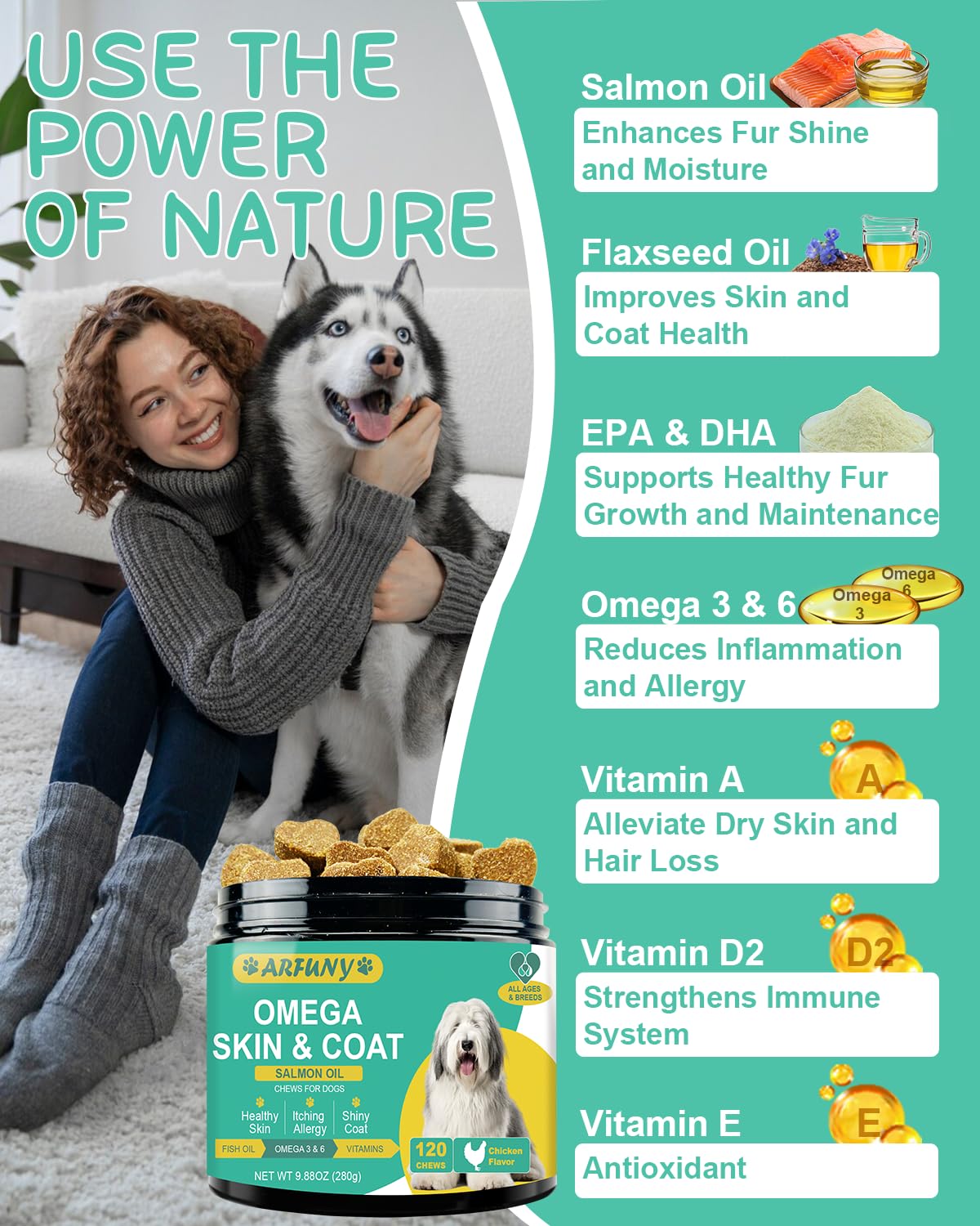 Skin and Coat Chews for Dogs - Omega 3 Supplement for Dogs with EPA & DHA Fatty Acids- Fish Oil Chews for Dogs with Salmon Oil & Vitamins - Dog Itchy, Dry & Shedding Skin Relief- Chicken, 120 Chews