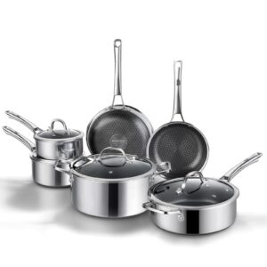 snowclad pots and pans set non stick, 10 pcs hybrid stainless steel cookware sets, non stick frying pans, saucepans, saute pan & stock pot, pfoa free kitchen skillet,induction compatible