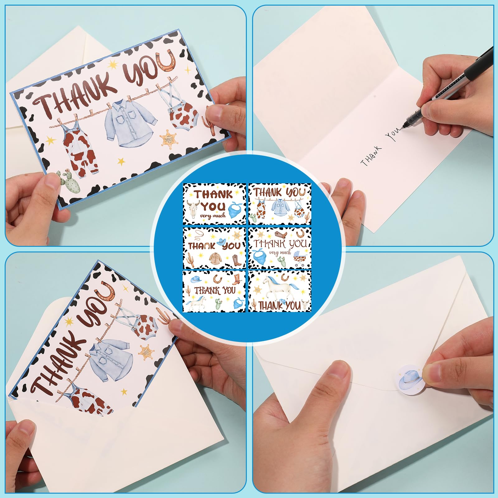 NODMIPNS 60 Pieces Little Cowboy Baby Shower Thank You Cards,Western Rodeo Thank You Cards Includes 30 Pieces Envelopes and 30 Pieces Cowboy Cards with Stickers for Baby Shower Wedding Bridal