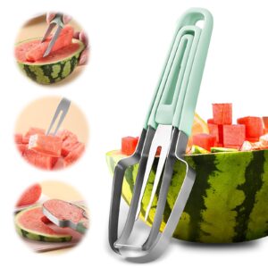 banyaa watermelon cutter slicer tool, 3-in-1 watermelon fork slicer cutter, stainless steel watermelon popsicle cutter, multi watermelon slicer melon cutter for camping kitchen gadgets (green)