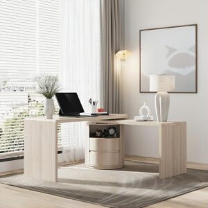 homary modern office desk l-shaped table with 1 cabinet & 2 drawers 60" executive desks (wash white)