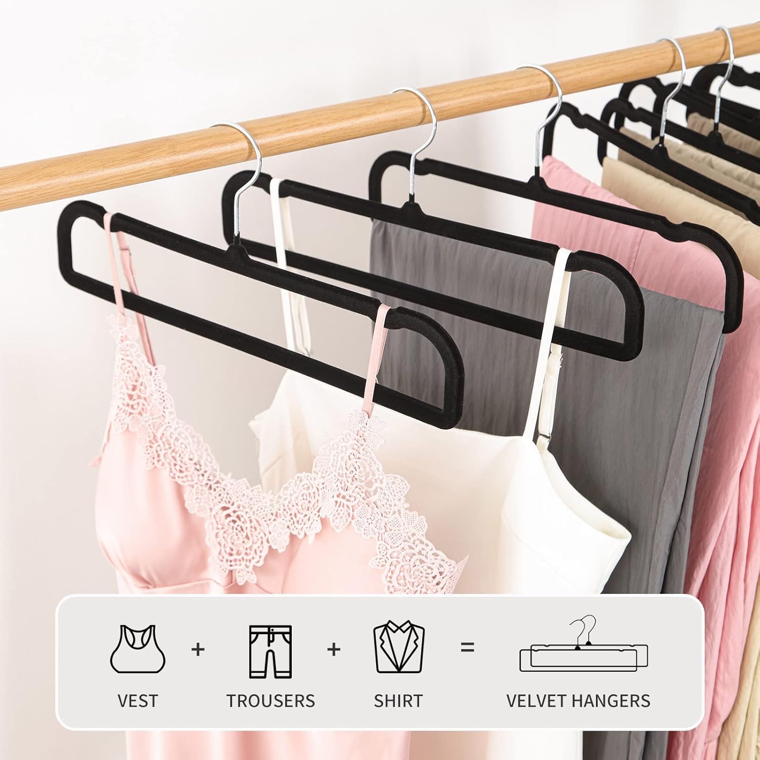 Velvet Pant Hangers, 20pcs Heavy Duty Flocked Trouser Hangers with Non-Slip Bar, 35cm(L) Adult Clothes Hanger with Swivel Hook, Slim Felt Jean Hangers for Shorts, Dress, Scraf, Bar (Black-Silver)