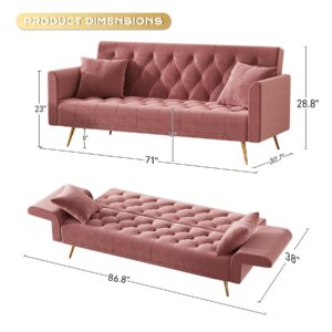 ONEMMLION Modern Velvet Futon Sofa Bed, Small Couch, Loveseat, 71" Convertible Futon Sofa with Folding Armrests and 2 Pillows, Comfy Couch for Living Room, Bedroom, Rose Pink