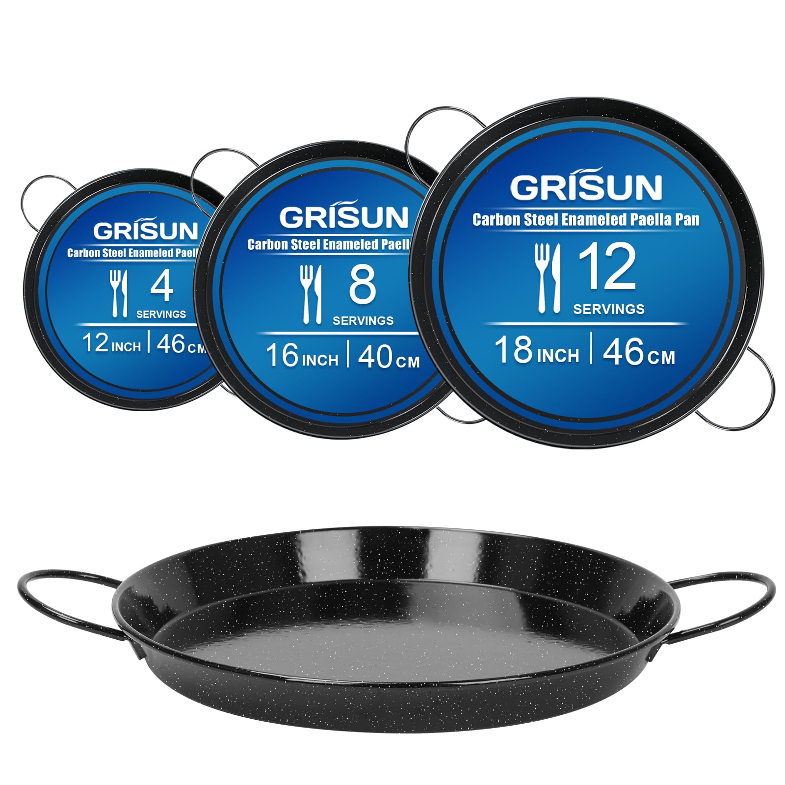 GRISUN Paella Pan 12/16/18 inches | Enameled Paella Pan for 4/8/12 Servings | Nonstick Pan for Authentic Spanish Dishes | Enameled Skillet Ideal for Restaurants and Home Cooking