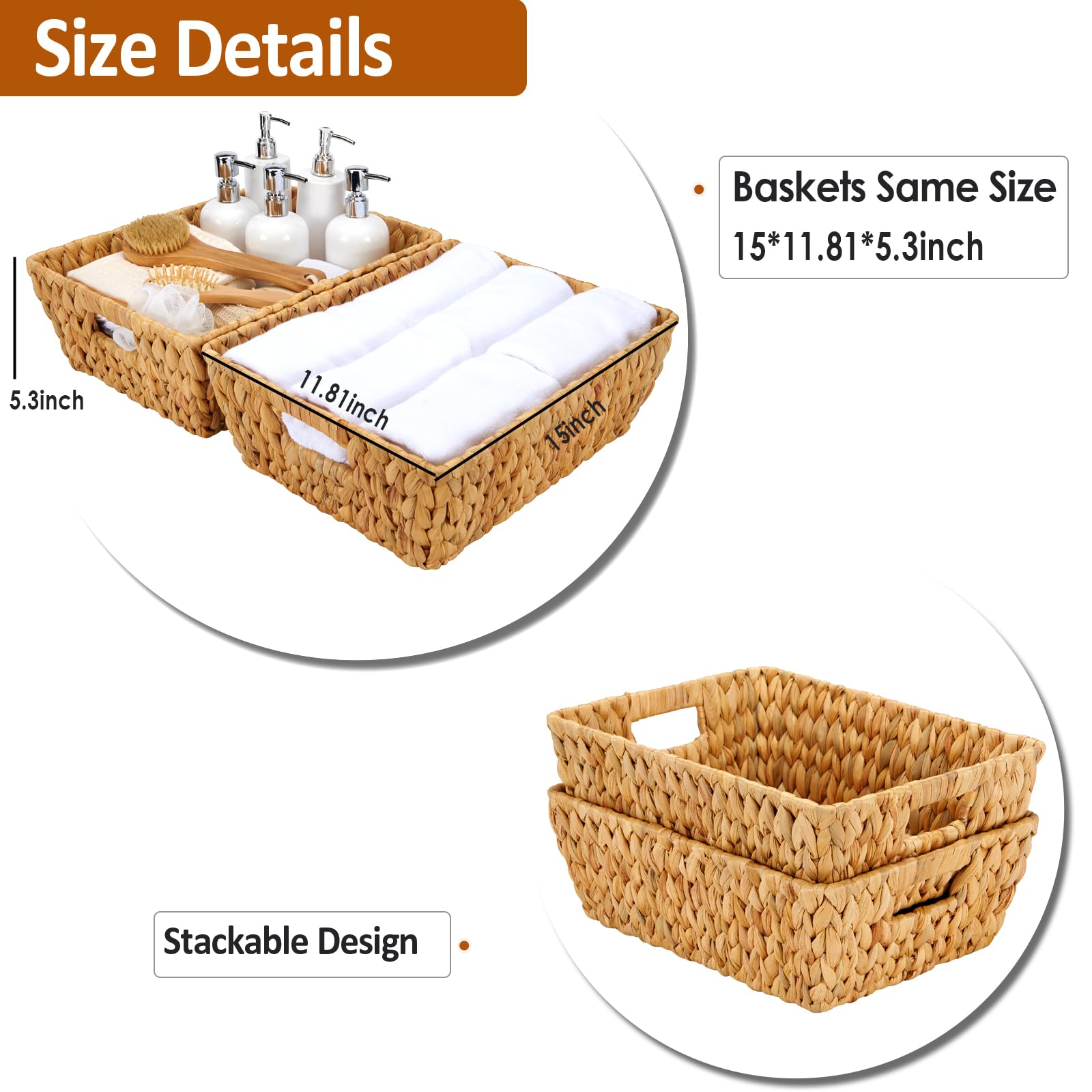 ROSOS Wicker Baskets 2 Pack, Water Hyacinth Wicker Storage Basket with Handles, Large Wicker Baskets for Storage, Wicker Baskets for Organizing, Handmade Large Wicker Basket, Natural