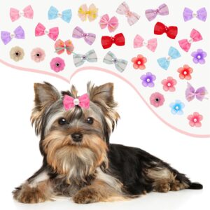 40Pieces Dog Bows Cute Small Dog Hair Bowknot Mix Style Handmade Multicolor Puppy Hair Accessories Bow Bulk with Elastic Rubber Bands Lace Rhinestone Pearls Grooming Topknot Ball Flower Accessories