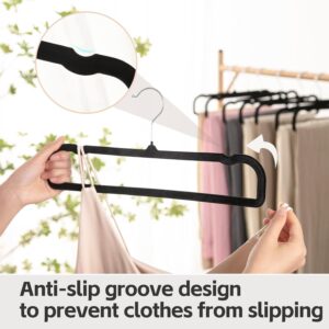 Velvet Pant Hangers, 20pcs Heavy Duty Flocked Trouser Hangers with Non-Slip Bar, 35cm(L) Adult Clothes Hanger with Swivel Hook, Slim Felt Jean Hangers for Shorts, Dress, Scraf, Bar (Black-Silver)