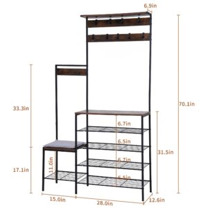 Lynxor Hall Tree with Bench and Shoe Storage, Entryway Coat Rack Shoe Bench with Mat, Freestanding 4-in-1 Coat and Shoe Rack with Wall Rack 9 Hooks Top Shelf for Entrance Foyer Rustic Brown