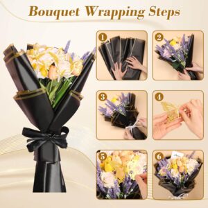 cridoz 20 Sheets Flower Bouquet Wrapping Paper with 12 Pieces Gold Butterfly Decorations for Flower Bouquets, Waterproof Floral Bouquet Wrapping Paper for Flower, Gift Wrapping(Black)