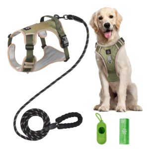 dog harness adjustable for medium, large or small dogs, reflective pet harness with 1.5m leash, breathable anti-pull dog vest harnesses for walking, travel and training with poop bags and holder