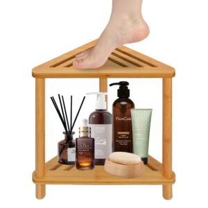 bamboo corner shower stool for inside shower shaving legs, waterproof bathroom shower bench seat with storage shelf for bathroom, shower foot rest for small spaces, bath seat