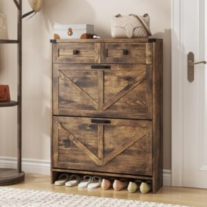 Shoe Storage Cabinet with 2 Flip Drawers & 2 Drawers,Shoe Cabinet Storage with Legs for Entryway,Freestanding Shoes Organizer Cabinet,Farmhouse Slim Shoe Cabinet Rustic Brown