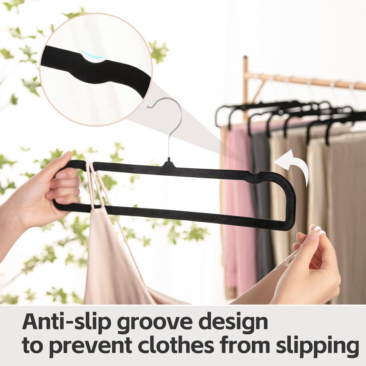 Velvet Hangers Non Slip - 20 Pack Pants Hangers for Closet - Thin Space Saving Clothes Hanger - Strong, Durable, Jean Hangers with 360 Degree Rotatable Hook, Tank Top Hangers (Black Silver Hook)