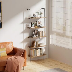 dosker bookshelf 5-tier industrial ladder shelf,brown shelves wall mounted bookshelf open storage rack display shelf plant stand for living room kitchen home office bedroom