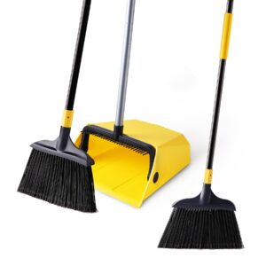 yocada heavy duty broom and dustpan set 2 plus 1 set with comb commercial outdoor indoor for courtyard garage lobby mall market floor home kitchen room office pet hair rubbish