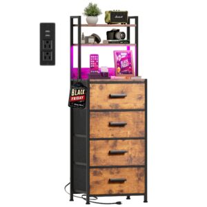 nightstand 4 drawer dresser with led lights, charging station, vertical side table with fabric drawers, end table with 3 open shelves, tall dresser for bedroom, hallway, entryway, rustic brown