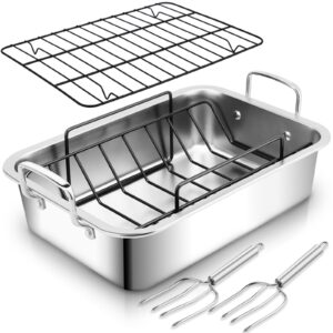 hillbond stainless steel roasting pan with rack 16 inch turkey roaster pan with u-shaped rack flat rack turkey lifting forks for turkey, chicken, vegetables set of 5