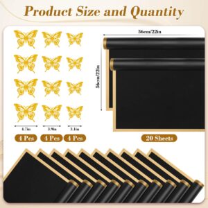 cridoz 20 Sheets Flower Bouquet Wrapping Paper with 12 Pieces Gold Butterfly Decorations for Flower Bouquets, Waterproof Floral Bouquet Wrapping Paper for Flower, Gift Wrapping(Black)