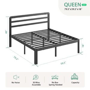 Askeld Queen Bed Frame with Headboard，18 Inch High Queen Size Bed Frame, Sturdy Noise-Free Metal Frame with Heavy Duty Slats, 4500 Lbs Weight Support for Mattress, No Box Spring Needed, Black