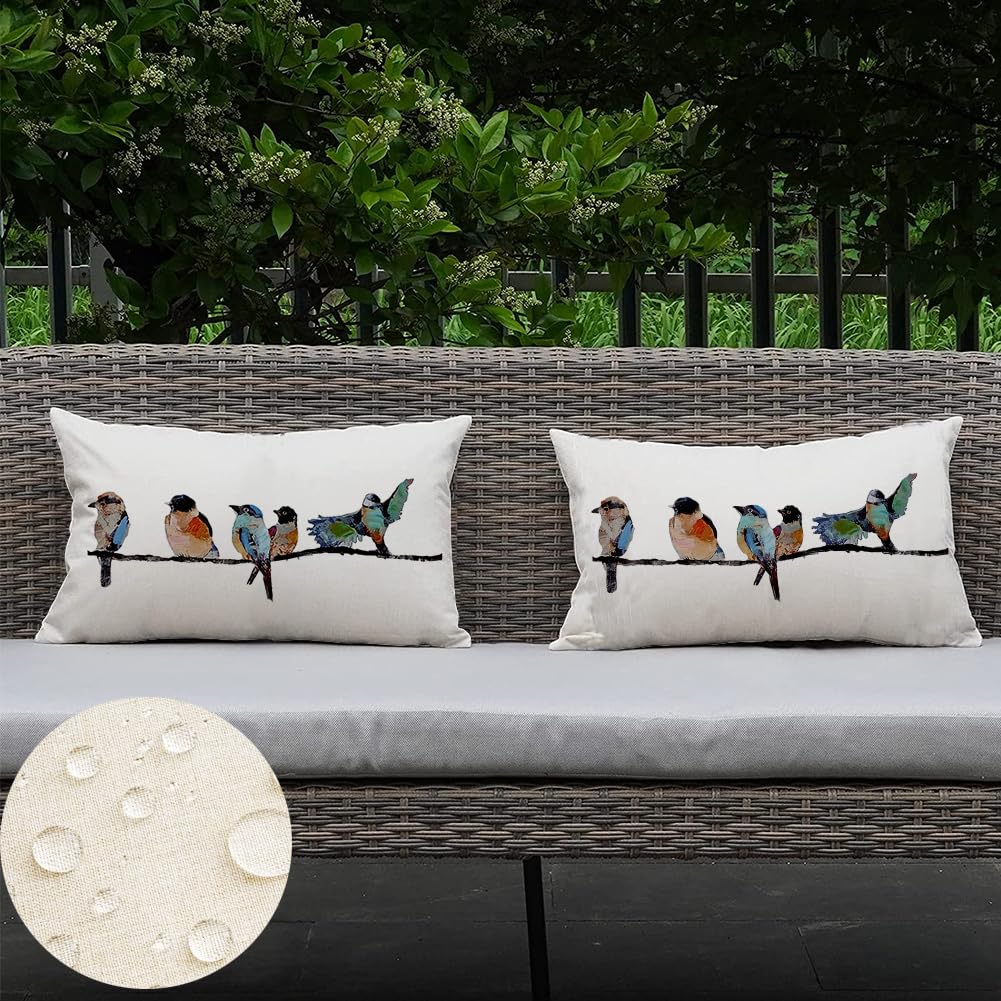 RABUSOFA Outdoor Pillow Covers Waterproof 12x20,Outdoor Bird Lumbar Throw Pillow Cases Small Decorative Pillows for Couch Patio Furniture Polyester Linen Teal Blue