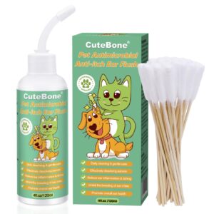 cutebone dog anti-itch ear flush - cleans & removes wax odor, deodorizes, soothes ear inflammation for pet - easy ear wash care solution - ear cleaner 4 fl.oz & 30 cotton swabs kit