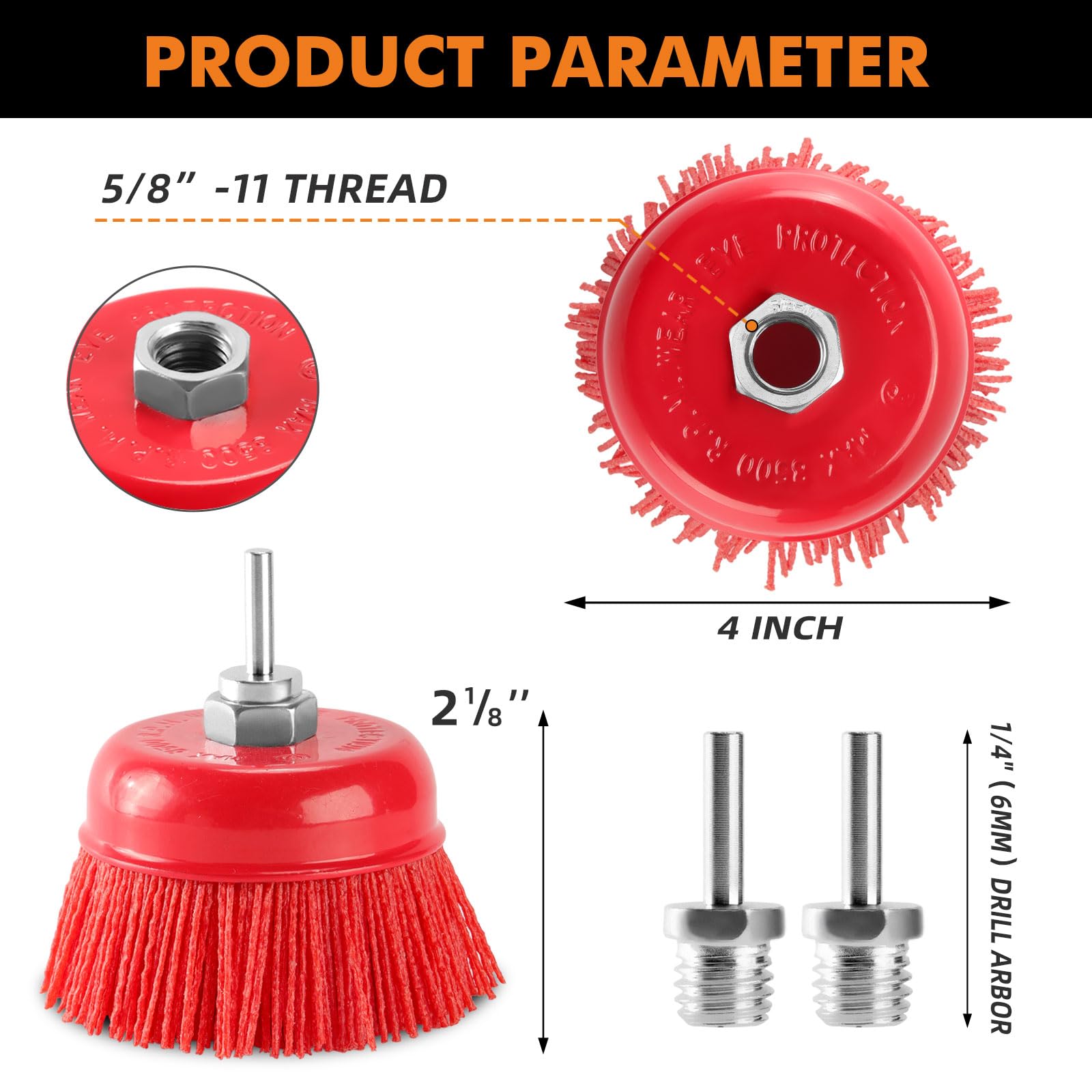 POLIWELL 4 Inch Nylon Filament Brush 2 Pack, 4” Abrasive Bristle Cup Brush Set 5/8"-11 Thread, 1/4" Arbor Max 8500 RPM for Variable Speed Angle Grinder, Polisher and Drill, Prep Surfaces for Bed Liner