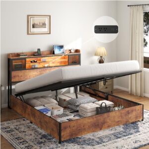 queen size lift up storage bed frame with hydraulic storage and bookcase headboard, led queen bed frame with charging station, metal platform bed with storage, no box spring needed(vintage brown)