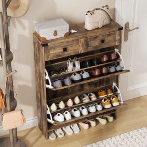 Shoe Storage Cabinet with 2 Flip Drawers & 2 Drawers,Shoe Cabinet Storage with Legs for Entryway,Freestanding Shoes Organizer Cabinet,Farmhouse Slim Shoe Cabinet Rustic Brown