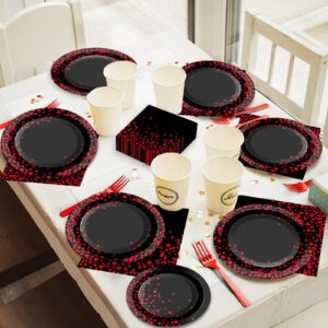 50 Guests Red and Black Birthday Party Supplies Set Red Dot on Black Disposable Plates Napkins Red and Black Tableware Set Party Papaer Dinnerware for Birthday Graduation Wedding Decorations 200Pcs