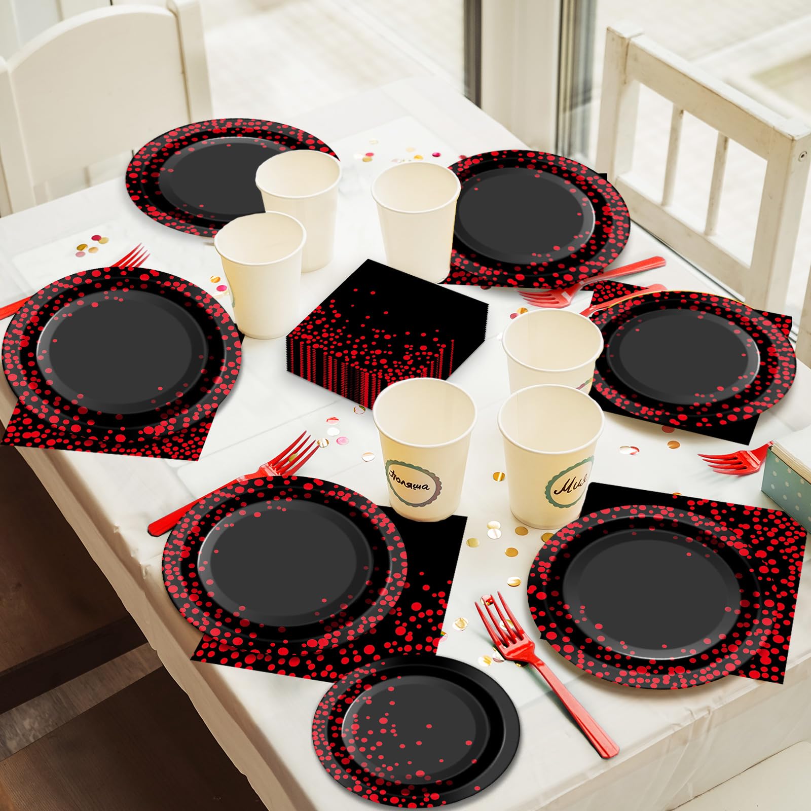 50 Guests Red and Black Birthday Party Supplies Set Red Dot on Black Disposable Plates Napkins Red and Black Tableware Set Party Papaer Dinnerware for Birthday Graduation Wedding Decorations 200Pcs