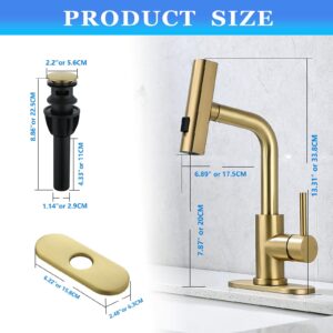 TRIPHIL Waterfall Bathroom Faucets with 3 Mode Pull Down Sprayer,Single Handle Modern Bath Sink Faucet with Pop Up Drain and Deck Plate,Brusehd Gold 1 Hole RV, Bar,Restroom,Lavatory,Vanity Tap