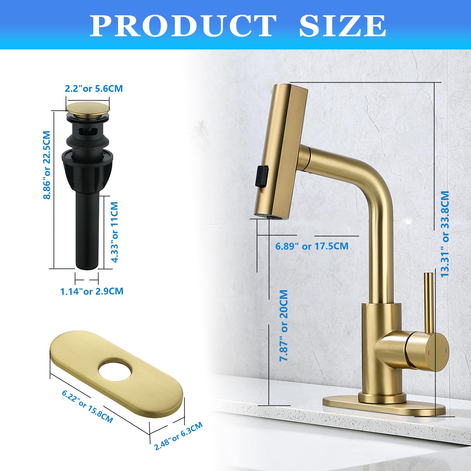 TRIPHIL Waterfall Bathroom Faucets with 3 Mode Pull Down Sprayer,Single Handle Modern Bath Sink Faucet with Pop Up Drain and Deck Plate,Brusehd Gold 1 Hole RV, Bar,Restroom,Lavatory,Vanity Tap