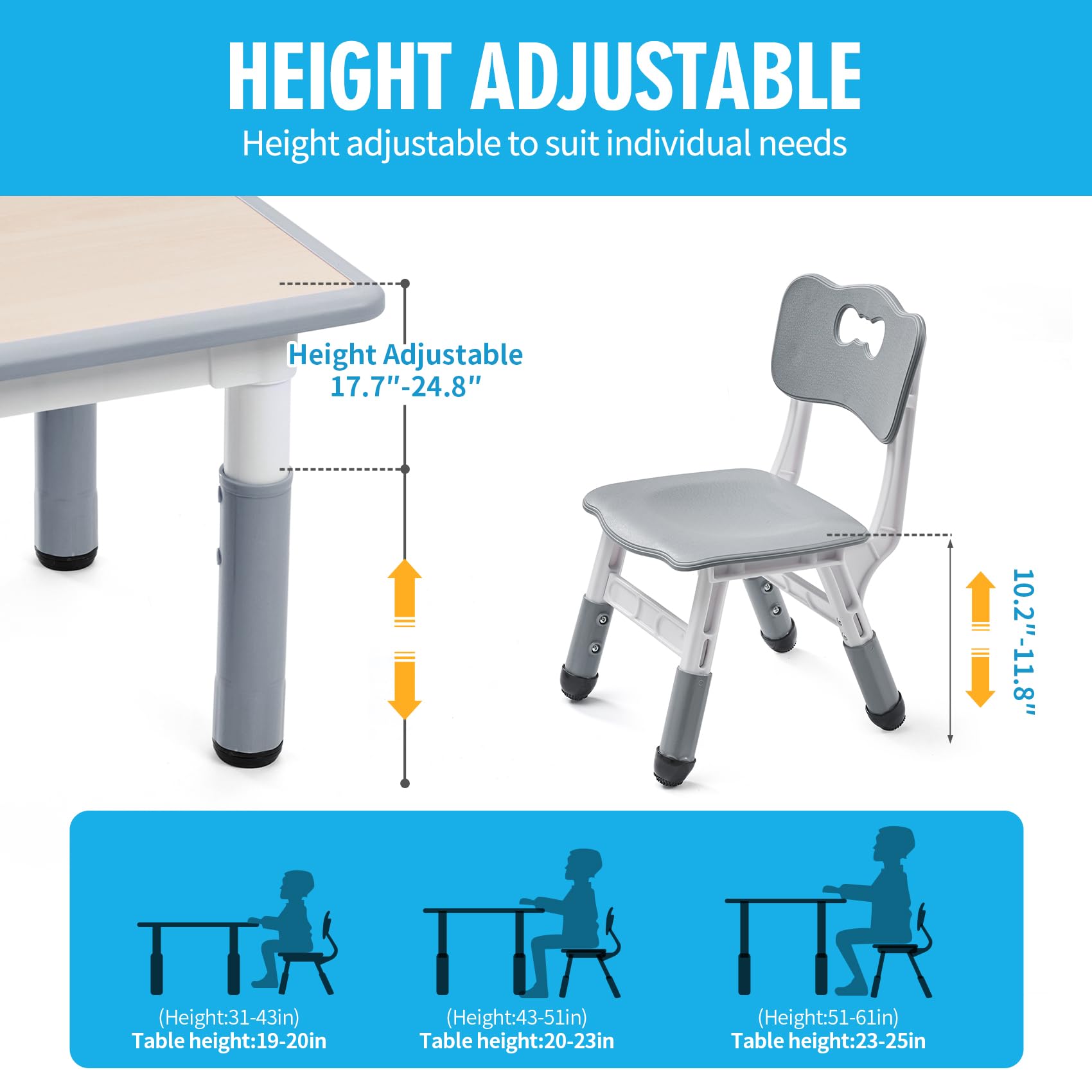 UNICOO - Kids Height Adjustable Three Piece Study Table and 2 Chairs Set, Plastic, Children Art Table with 2 Seats, Multipurpose Activity Table for Kids 2-10 Years Old (Maple Top with Grey Border)