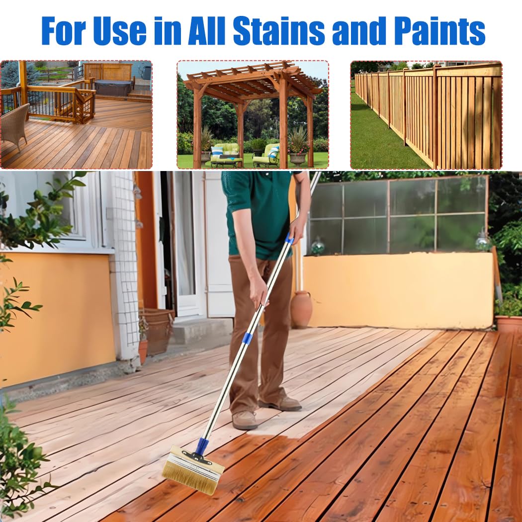 7" Deck Stain Brush Applicator with 60" Long Handle, 3" Paint Brush Included, Block Staining Brushes for Woodstains, Oils, Decking Paints, Decking Stains, Deck Coatings, Fence Wall Furniture Paints