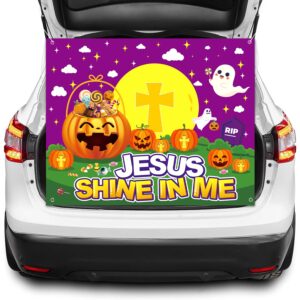 trunk or treat decorations for suv, jesus shine in me christian trunk or treat car decorations banner, trunk or treat car decorations kit religious, halloween decorations banner for car garage door