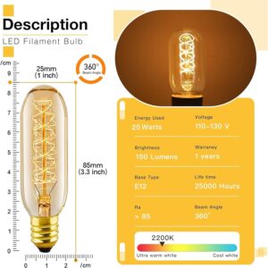 Tiqian 8 -Pack E12 Incandescent Edison Light Bulbs 25 Watt Candelabra, Dimmable 2200K Warm White T6 Clear LED Bulbs 25W 150lm Vintage T25 for Chandelier Ceiling Fan, Tubular Small Filament Bulbs