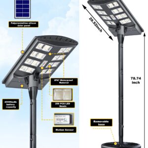 JAYNLT 6000W Solar Street Lights Outdoor with 78" Tall Pole, 3000K/4000K/6500K 400000LM Solar Floor Lamps Dusk to Dawn, IP68 Waterproof Solar Pole Lights with Motion Sensor for Yard, Patio, Camping