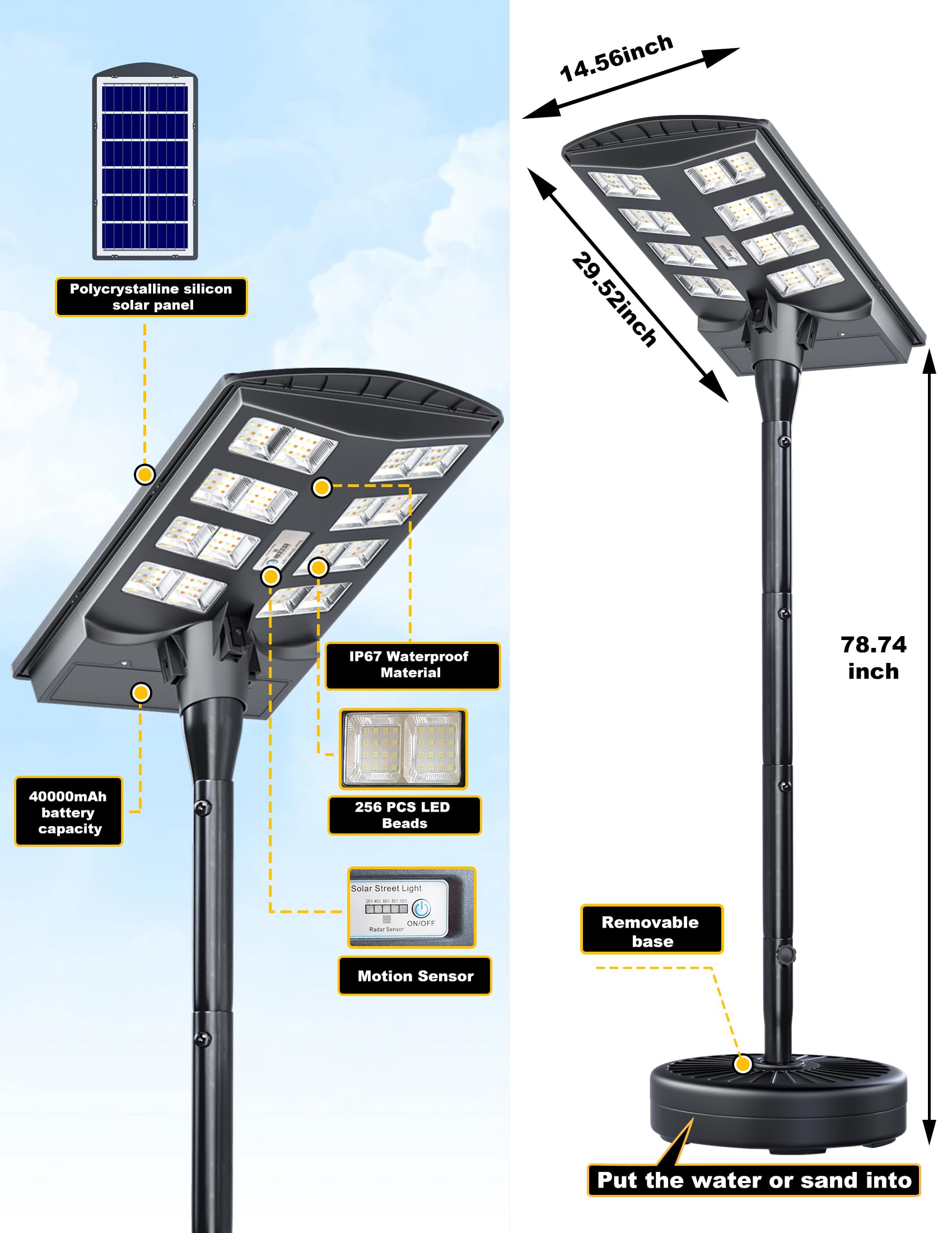 JAYNLT 6000W Solar Street Lights Outdoor with 78" Tall Pole, 3000K/4000K/6500K 400000LM Solar Floor Lamps Dusk to Dawn, IP68 Waterproof Solar Pole Lights with Motion Sensor for Yard, Patio, Camping