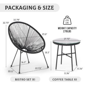 VICBARLEY 3-Piece Patio Acapulco Chairs Set, All-Weather Outdoor Wicker Bistro Set w/Pillow & Glass Top Table, Rattan Conversation Set for Porch,Garden, Balcony, Deck, Poolside, Black