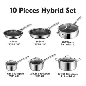 SNOWCLAD Pots and Pans Set Non Stick, 10 Pcs Hybrid Stainless Steel Cookware Sets, Non Stick Frying Pans, Saucepans, Saute Pan & Stock Pot, PFOA Free Kitchen Skillet,Induction Compatible