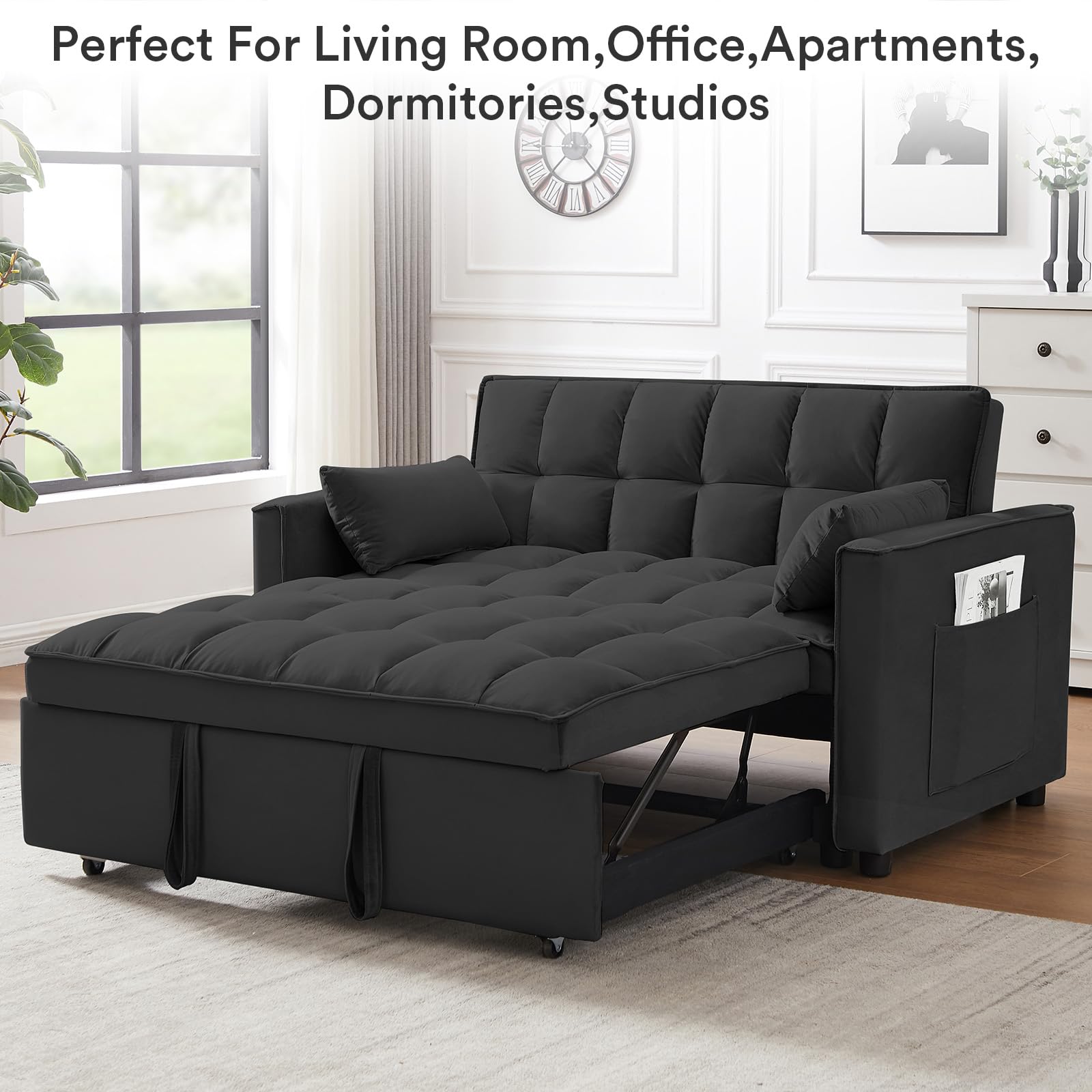 Rovibek 3 in 1 Convertible Sleeper Sofa Bed Velvet Chaise Lounge for Living Room, Black