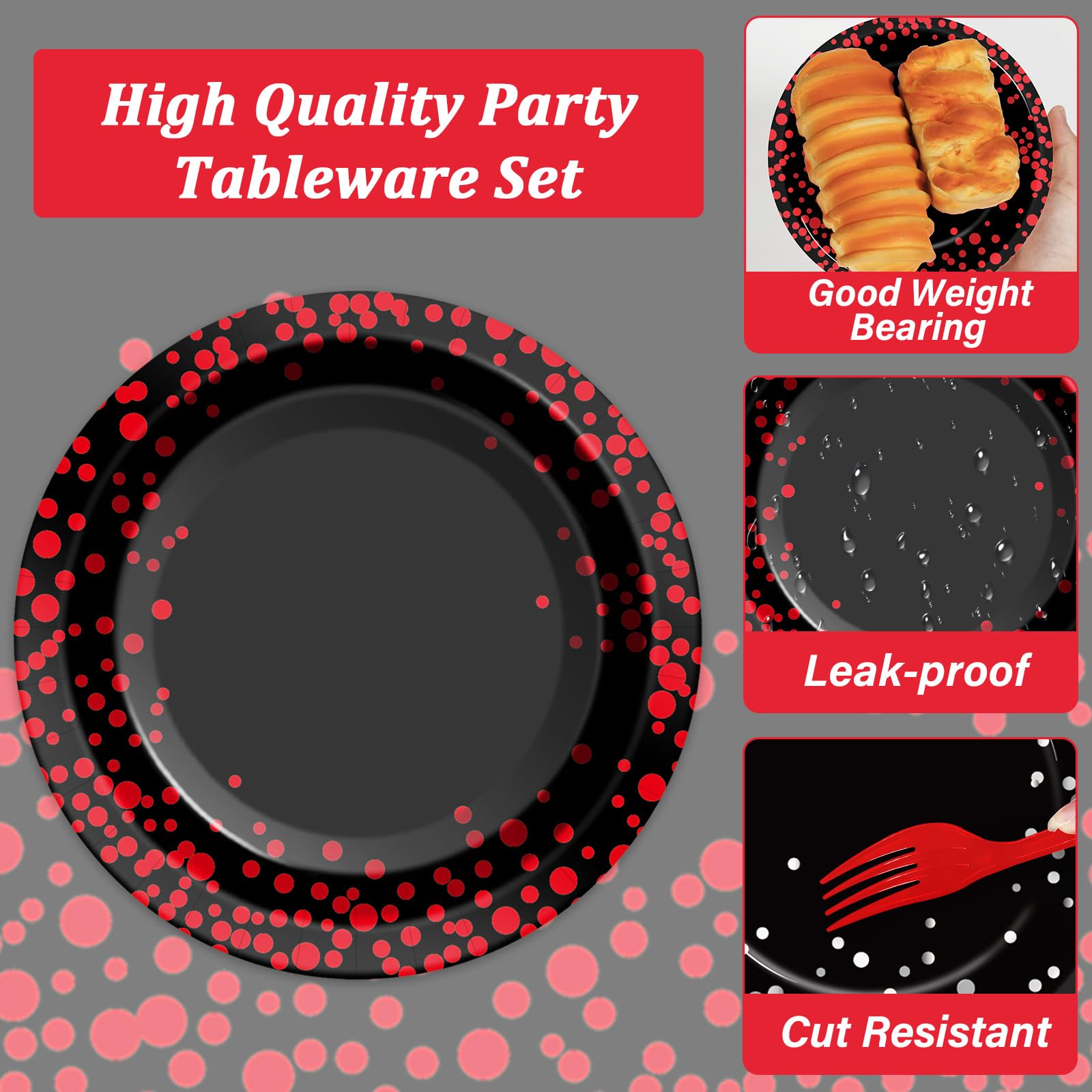 50 Guests Red and Black Birthday Party Supplies Set Red Dot on Black Disposable Plates Napkins Red and Black Tableware Set Party Papaer Dinnerware for Birthday Graduation Wedding Decorations 200Pcs