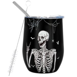 whaline halloween stainless steel wine tumbler with straw and lid black white skull bat coffee mug skeleton insulated wine tumbler for hot and cold drinks gift