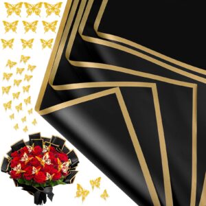 cridoz 20 sheets flower bouquet wrapping paper with 12 pieces gold butterfly decorations for flower bouquets, waterproof floral bouquet wrapping paper for flower, gift wrapping(black)