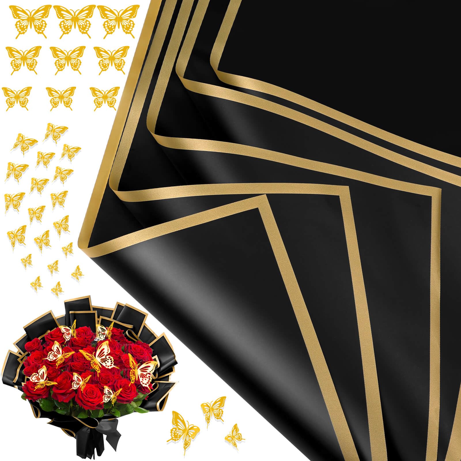 cridoz 20 Sheets Flower Bouquet Wrapping Paper with 12 Pieces Gold Butterfly Decorations for Flower Bouquets, Waterproof Floral Bouquet Wrapping Paper for Flower, Gift Wrapping(Black)